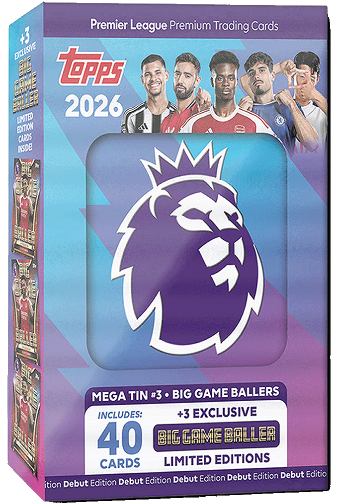 TOPPS PREMIER LEAGUE 2026 - DEBUT EDITION - MEGA TIN #3 BIG GAME BALLE ...